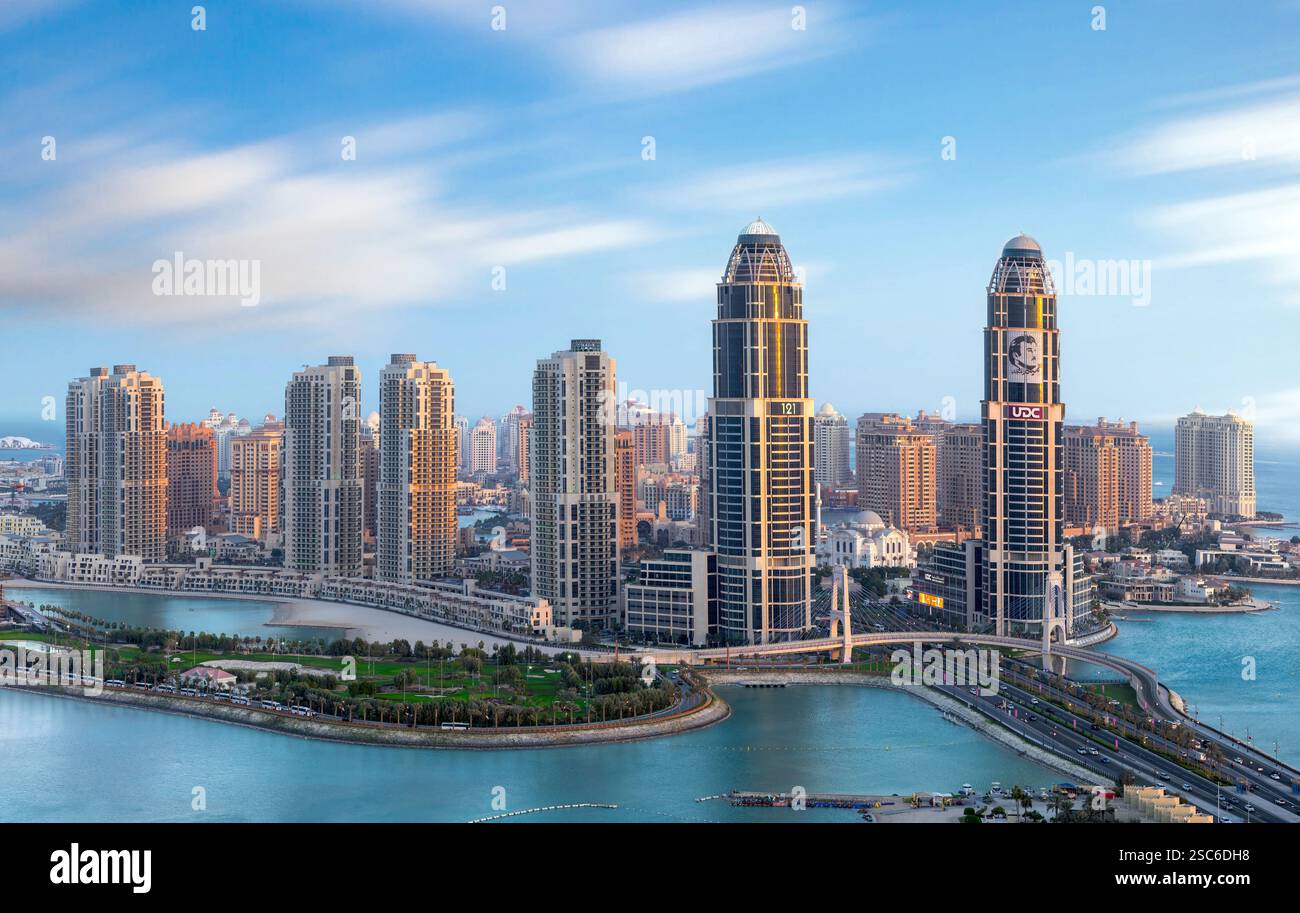Doha, Qatar - January 10, 2025: Aerial view of pearl Qatar `porto arabia Gewan island with UDC ...